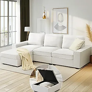 HALLYBEE 101" Modular Sectional Sofa Convertible L Shaped Couch with Storage Ottoman Linen White Couch with Chaise Comfy Sectional Couches for Living Room Apartment Office