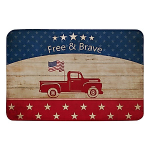 July 4th Bath Rugs Vintage Red Truck Independence Day Holiday Sponge Doormat Absorbent Non Slip Backing Flannel Mat American Flag Stars Wood Grain Memory Foam Mats for Bathroom Kitchen,16"x24"