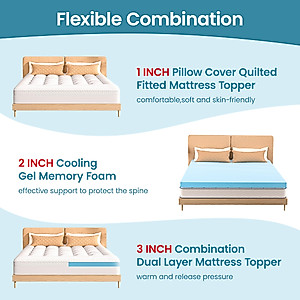 AprLeaf Pillow Top Mattress Topper Queen Size, 3 Inch Dual Layer Mattress Topper, 1 Inch Cooling Pillow Topper and 2 Inch Gel Memory Foam Mattress Topper for Back Pain