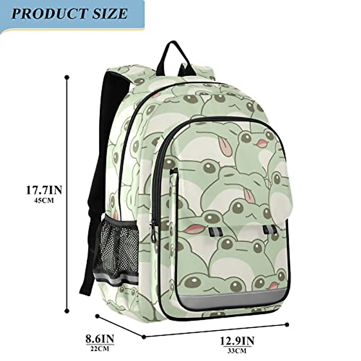 Vnurnrn Cute Frogs Kids Backpack Big Storage Multiple Pockets 17.7 IN Bookbag with Chest Buckle Reflective Strip for Boys Girls 6+ years in Primary Middle High School