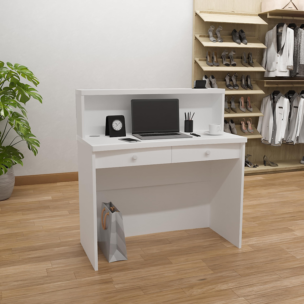 UGOS Mono White Modern Reception Desk w/Transaction Counter | Laminate Desktop | Multifunctional Standing Front Desk for Home, Office, Salon, Spas, and Lobby (40 inch)