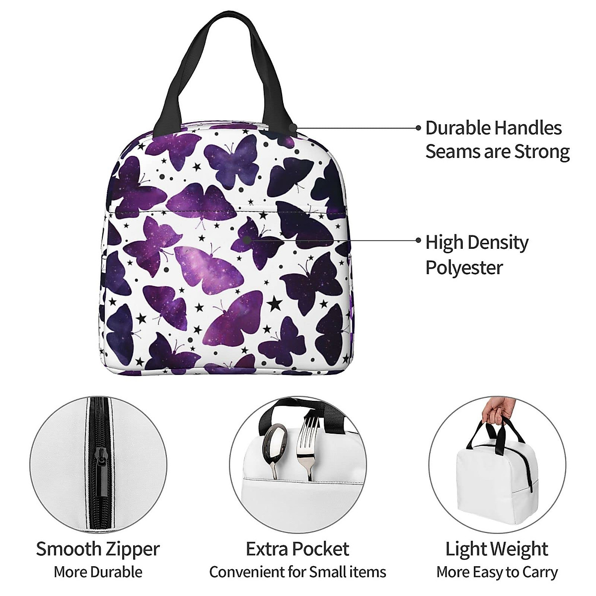 YISDZSW Butterfly Lunch Bag Box for Women Cute, Insulated Lunch Bags Durable Waterproof Thermal Tote Bag with Pocket for Work Picnic Travel Teens