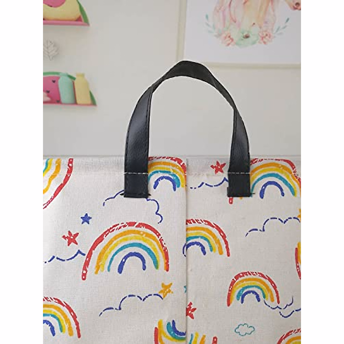 HUAYEE Colorful Rainbow Rectangular Storage Bin Shelf Basket Canvas Fabric Toy Box,Waterproof Coating Nursery Hamper with Handles,Gift Basket for Home,Office,Clothes,Books(Rainbow)