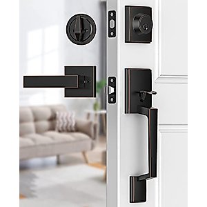 Brightify Oil Bronze Front Door Handle, Oil Bronze Exterior door handle with Door Lever, Modern Front Door Lock Set, Adjustable Deadbolt Lock Set with Single Cylinder, Reversible for Right&Left Handed