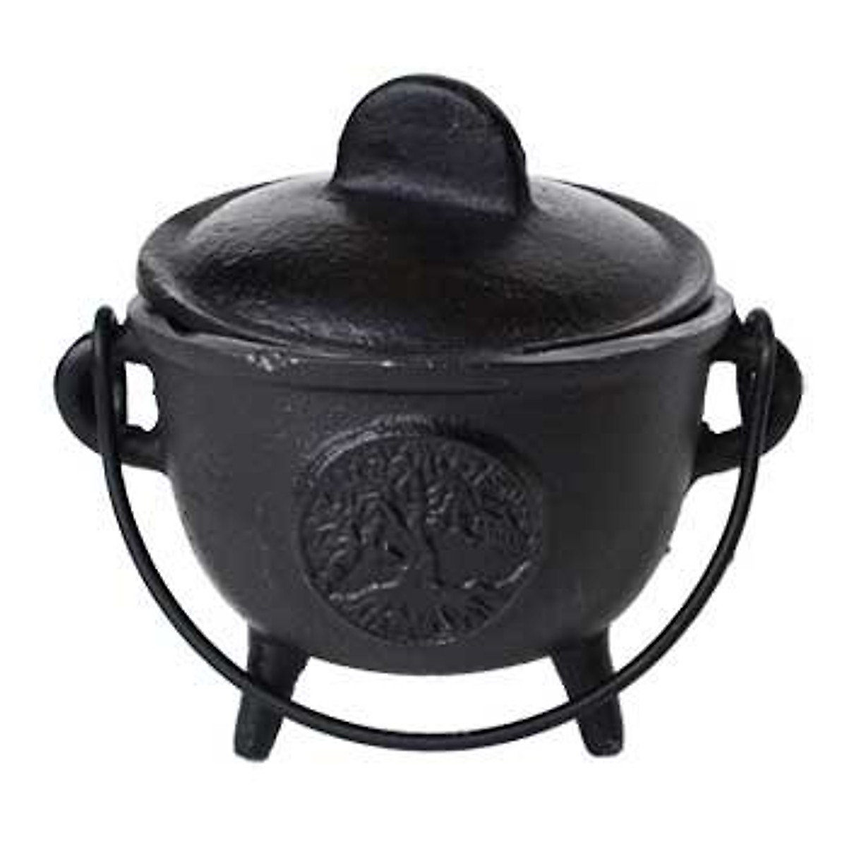 AzureGreen Home Fragrance Incense Holder Cauldrons Tree of Life Cast Iron Three Legged with Handle and Lid 5"