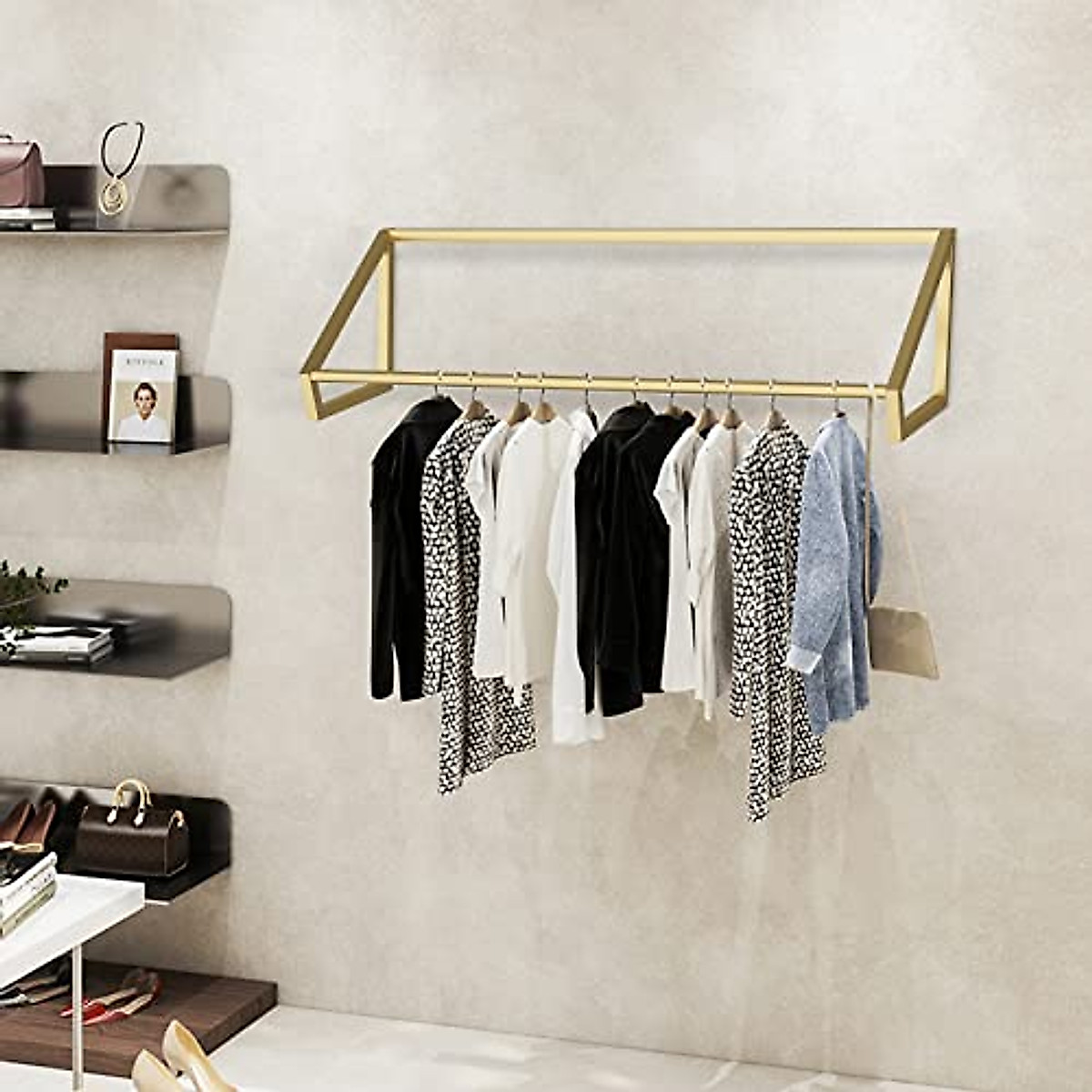 Wall-Mounted Garment Rack ,Modern Simple Clothing Store Heavy Metal Display Stand Garment Bar,Clothes Rail,Bathroom Hanging Towel Rack,Multi-purpose Hanging Rod for Closet Storage (Gold Square Tube,39.4"L)