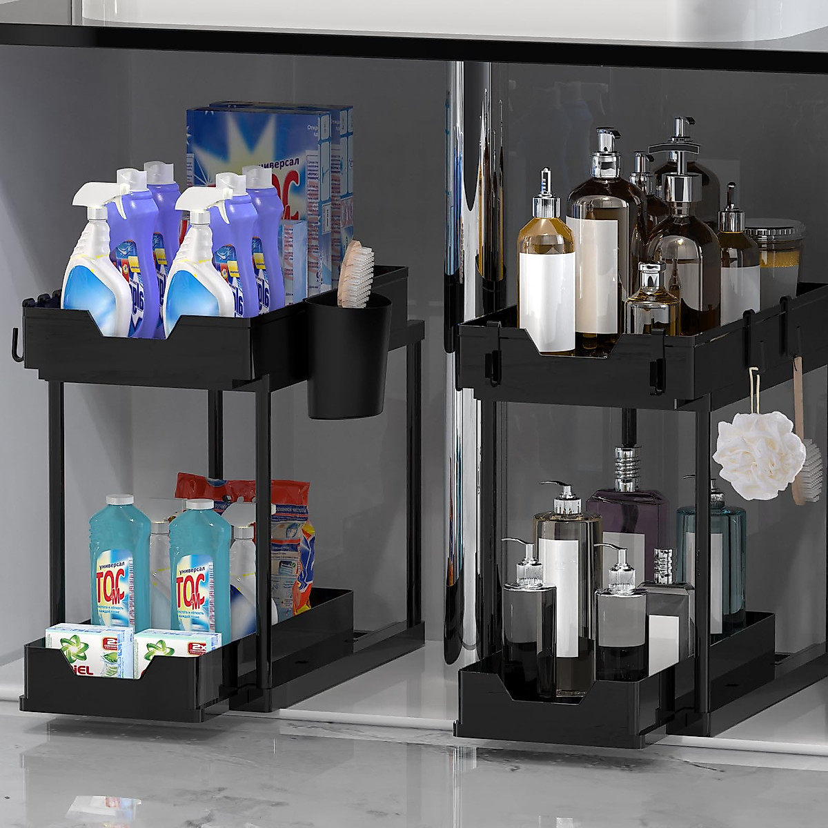 Ulruo 2 Pack Double Pull Out Under Sink Organizers, 2 Tier Multi Purpose Under Cabinet Organizer with Hooks & Hanging Cups, Under Sink Shelf Organizer for Kitchen Bathroom, Black