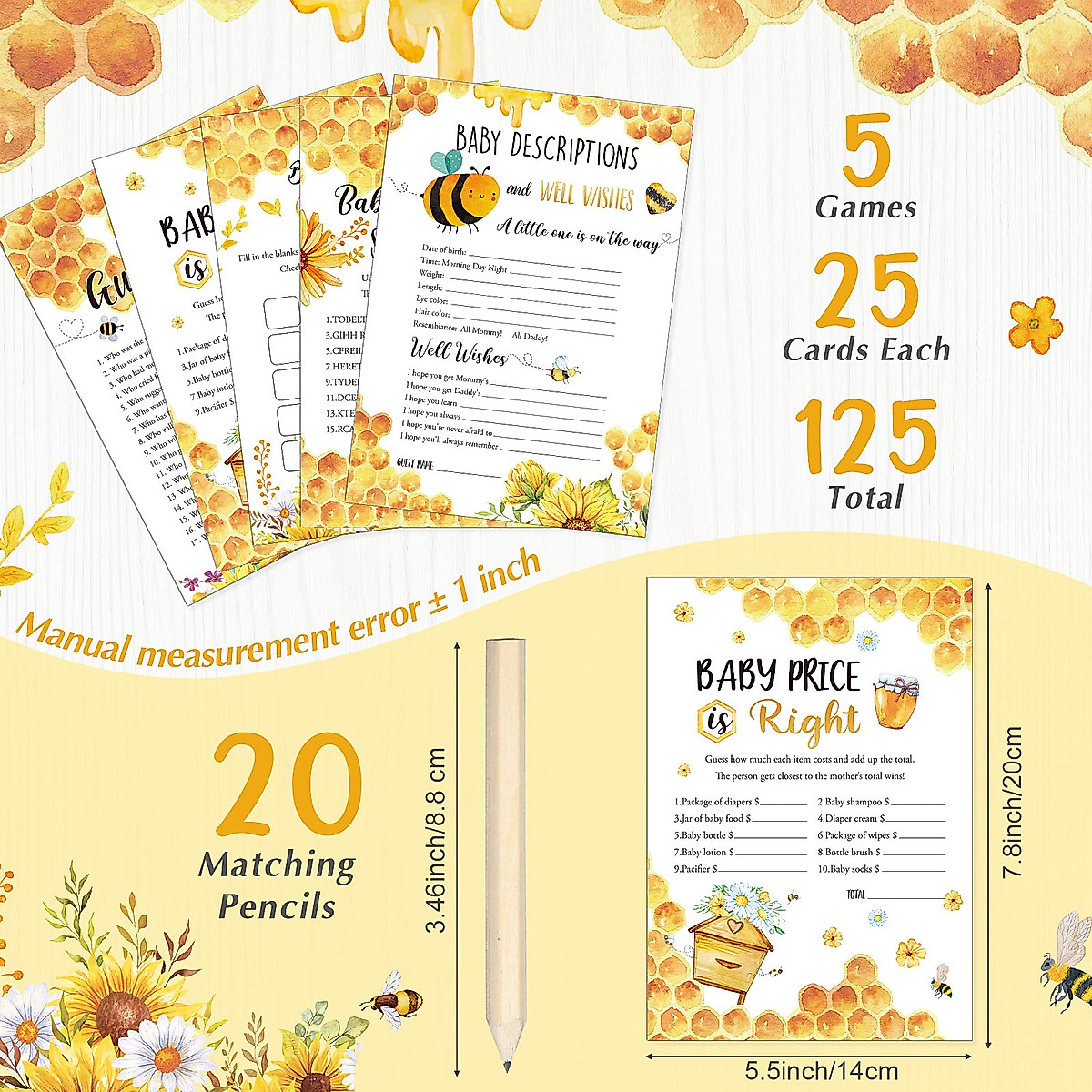 Sherr 145 Pcs Baby Shower Games Gender Neutral Set Include 125 Pcs 5 Kinds Gender Reveal Games and 20 Pencils for Baby Shower Decorations (Bee)