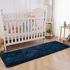 Maxsoft Soft Shaggy Runner Rug for Bedroom, 2x6 Feet Indoor Modern Fluffy Area Rugs Fuzzy Carpet for Hallway Bedside, Upgrade Non-Slip Shag Plush Rug for Dorm Living Room, Navy Blue