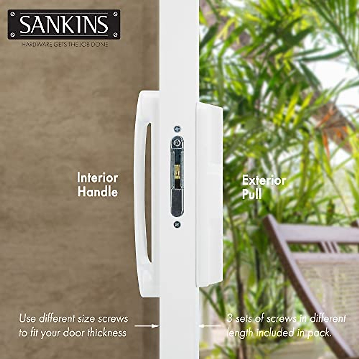 SANKINS Sliding Patio Door Handle Pull Set with Mortise Lock, Full Replacement White Diecast Non-Keyed Gate Handle Set for Sliding Glass Door, Fits 3-15/16” Hole Spacing