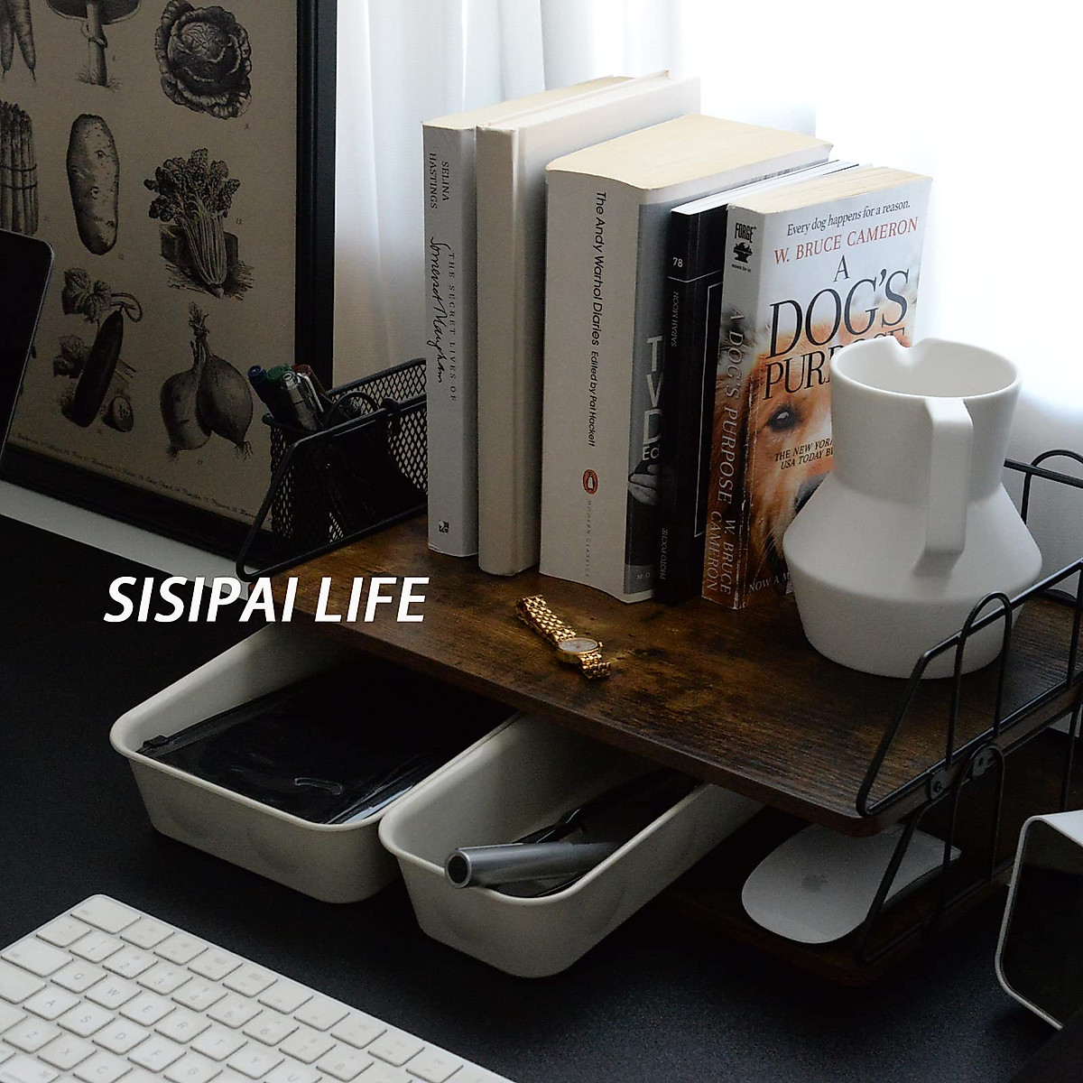 Desk Organizers, File Organizer for Desk, Wood Paper Letter Tray Organizer Stackable for School, Home, Office Supplies with Pen Holder (2 Layer)