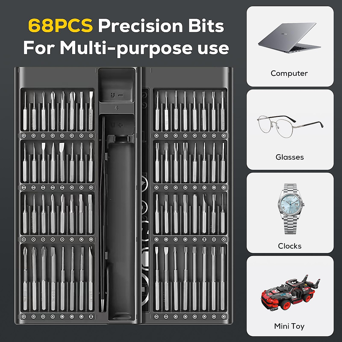 Electric Screwdriver, Power Screwdriver Set 68 in 1 Mini Cordless Screwdriver Rechargeable, 5 Torque Settings 3 LED Lights Precision Screwdriver for PC Accessories Phone Camera Laptop Gifts for Men