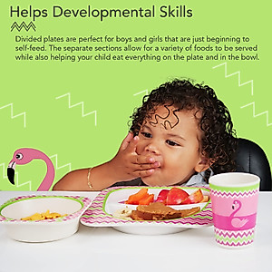 Thoneed Bamboo Kids Plate and Bowl Set | Matching Dishes for Toddlers Ages 1+ | 5 Piece Divided Dinnerware Set Includes Plate, Bowl, Cup & Utensils | Reusable, BPA Free & Dishwasher Safe (Cow)