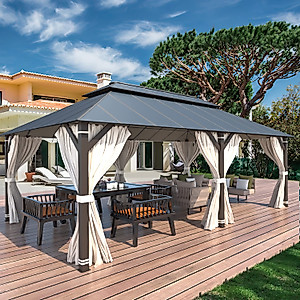 EROMMY 12'x20' Gazebo Double Aluminum Composite Roof Permanent Pavilion Gazebo Outdoor Hardtop Aluminum Frame Canopy with Curtains and Netting for Backyard Patio Lawn Garden