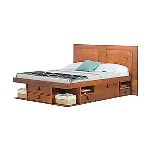 memomad Bali Slim Set: Storage Platform Bed with Drawers + Flat Panel Headboard (Queen Size, Caramel Brown Wood)