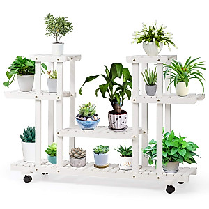 S AFSTAR Wooden Flower Rack with Wheels, 4-Tier Plant Stand, Multifunctional Bonsai Display Shelf for Living Room Balcony Patio Yard (White)