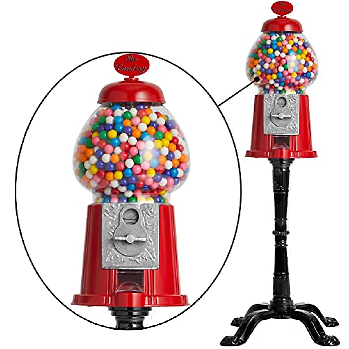 Gumball Machine - 15 Inch Candy Dispenser with Stand for Bubble Gumballs - Heavy Duty Red Metal with Large Acrylic ShatterProof Bowl - Easy Twist-Off Refill - Free or Coin Operated - by The Candery