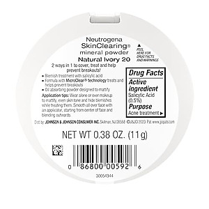Neutrogena SkinClearing Mineral Acne-Concealing Pressed Powder Compact, Shine-Free & Oil-Absorbing Makeup with Salicylic Acid to Cover, Treat & Prevent Breakouts, Natural Ivory 20,.38 oz (Pack of 2)