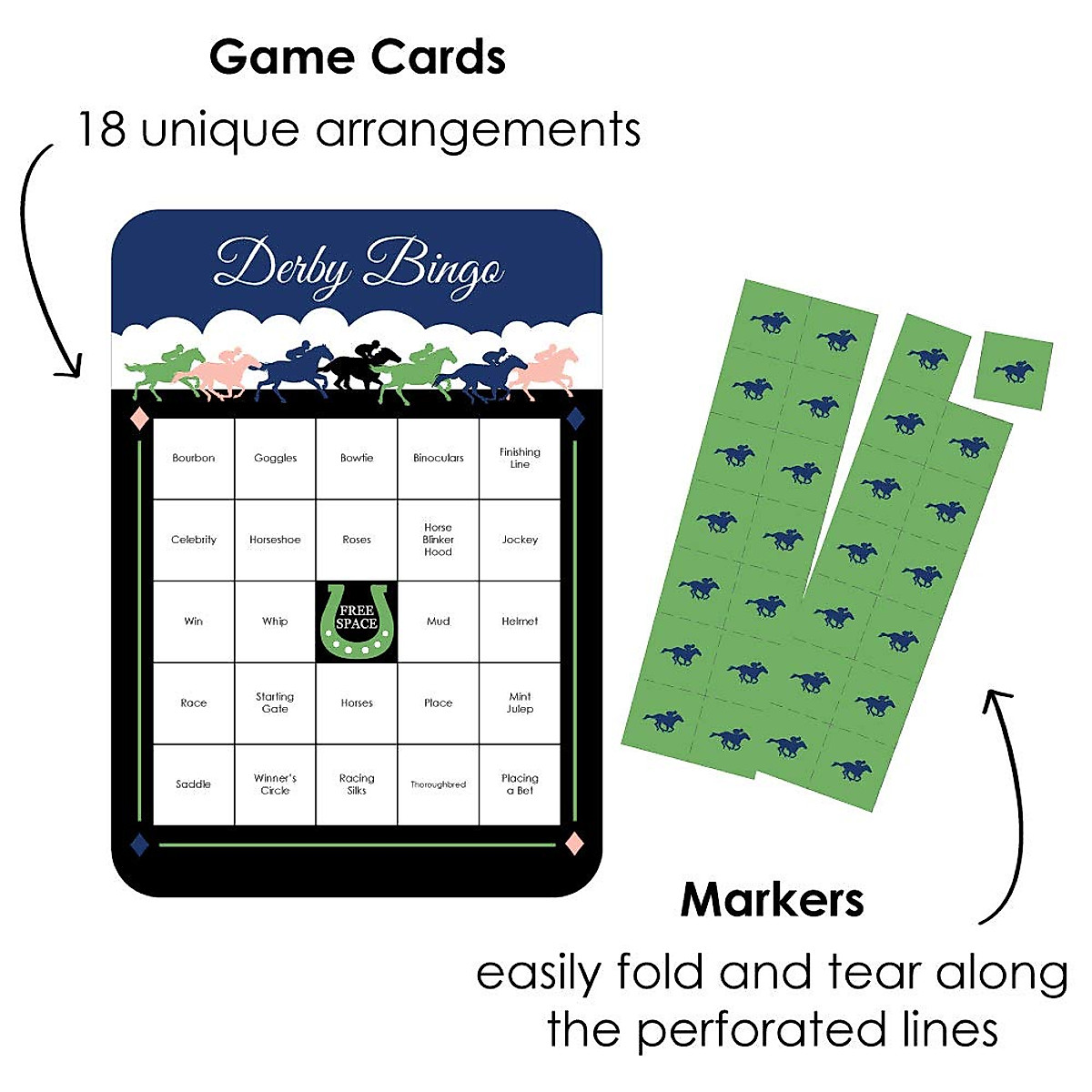 Big Dot of Happiness Kentucky Horse Derby - Bar Bingo Cards and Markers - Horse Race Party Bingo Game - Set of 18