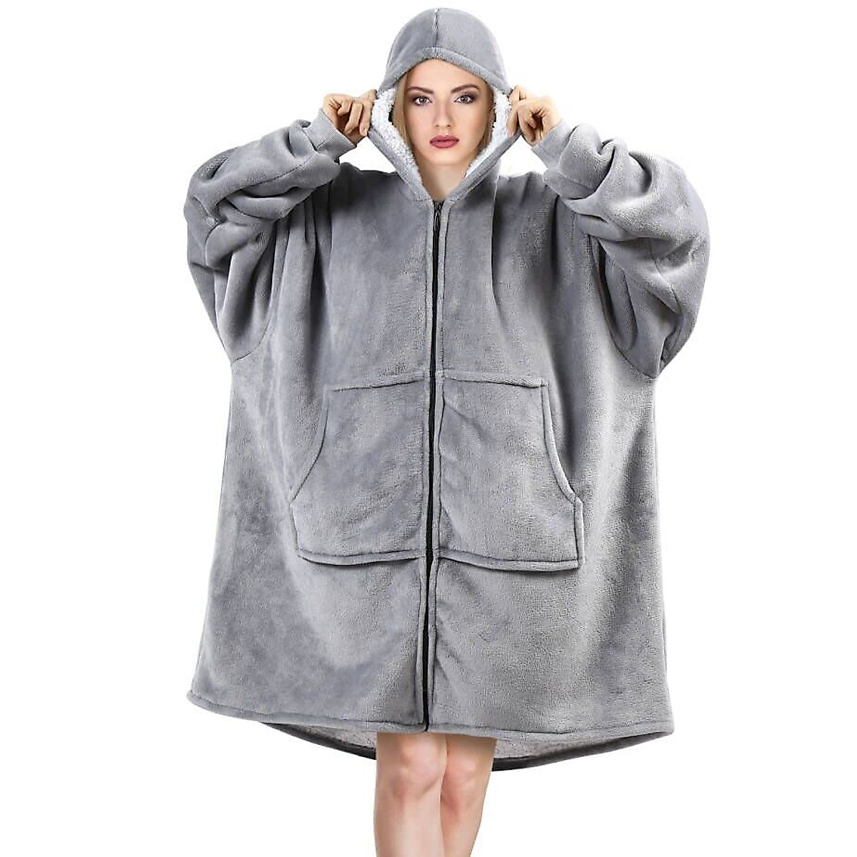 Wearable Blanket Hoodie for Women Men, Blanket Hoodie with Zip and Big Pockets, Oversized Sweatshirt Adult, One Size Fits All