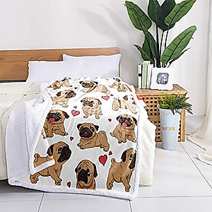 WONGS BEDDING Pug Throw Blanket Twin Cartoon Pug Dog Printed Sherpa Blanket for Kids Adults Soft Fuzzy Microfiber Plush Fleece Throw Blanket for Bed Couch and Travel (Twin Size, 60"x80")