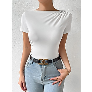 Verdusa Women's Ruched Boat Neck Short Sleeve Slim Fitted Tee T Shirt Top White M
