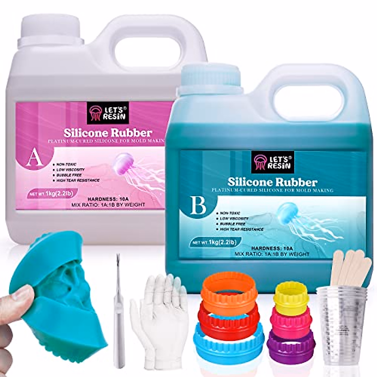 LET'S RESIN Super Elastic Silicone Mold Making Kit 10A,70.5oz Teal Color Mold Making Liquid Silicone Rubber, Ideal for Casting Resin Molds/Silicone Molds/Candle Molds (2KG)