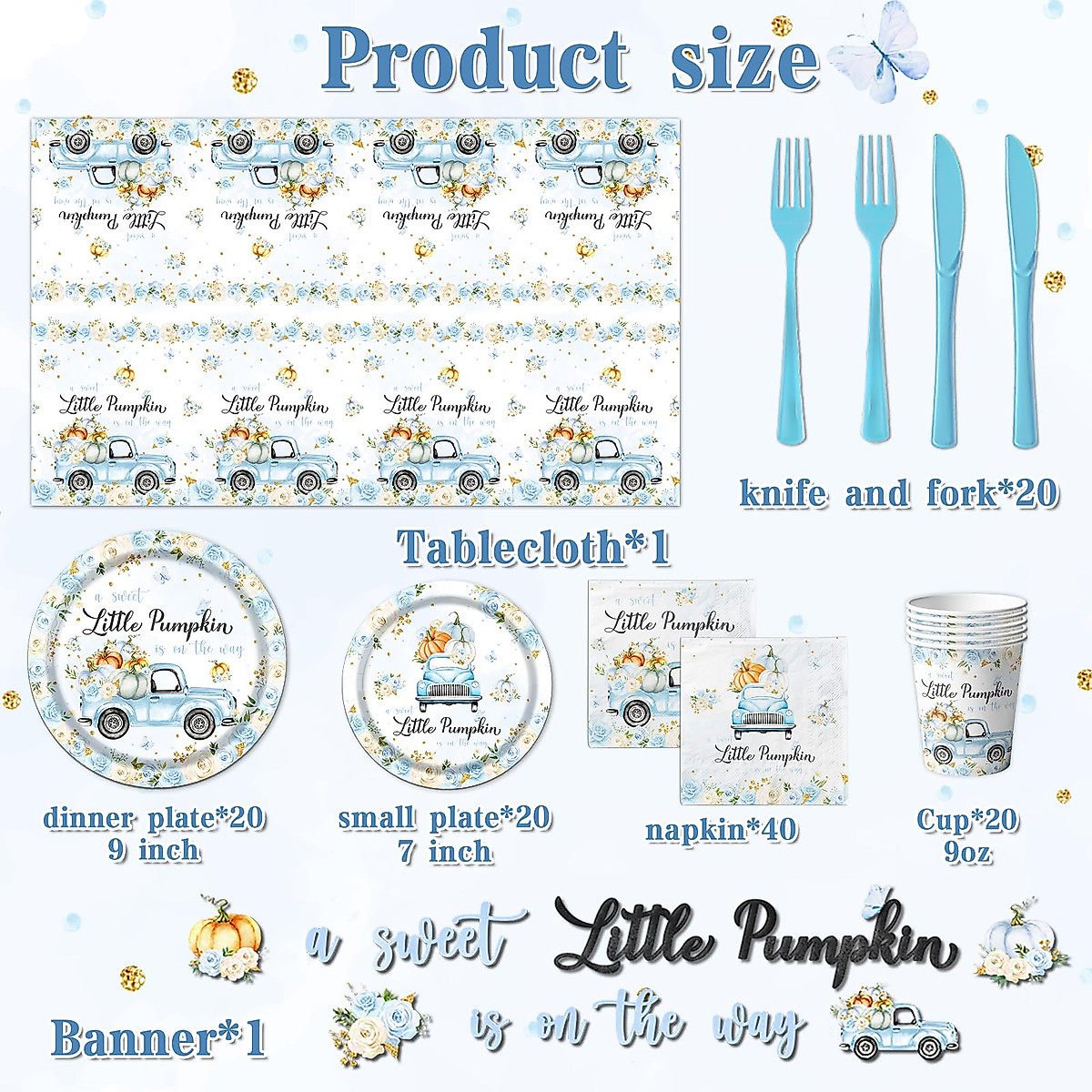 Little Pumpkin Baby Shower Decorations Tableware,142Pcs A Sweet Little Pumpkin is On The Way Boy Blue Floral Truck Disposable Tablecloth,Plates,Napkins for Autumn Fall Thanksgiving Party Supplies