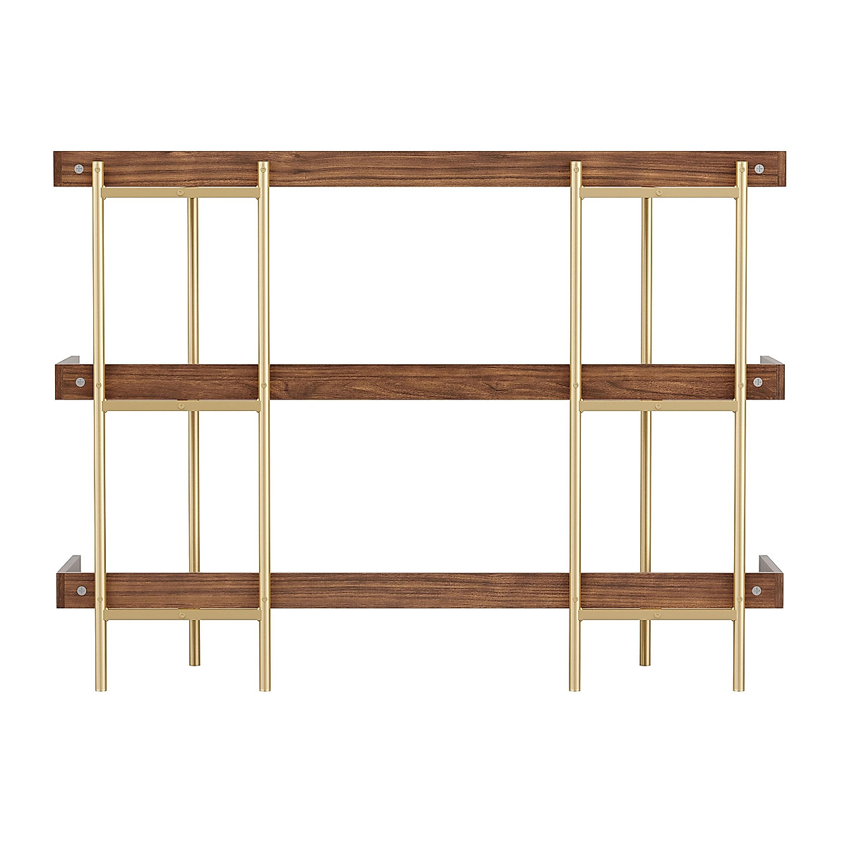 Martha Stewart Emmett 3 Shelf Storage Display Unit Bookcase with Metal, Set of 1, Walnut Wood Grain/Polished Brass Frame