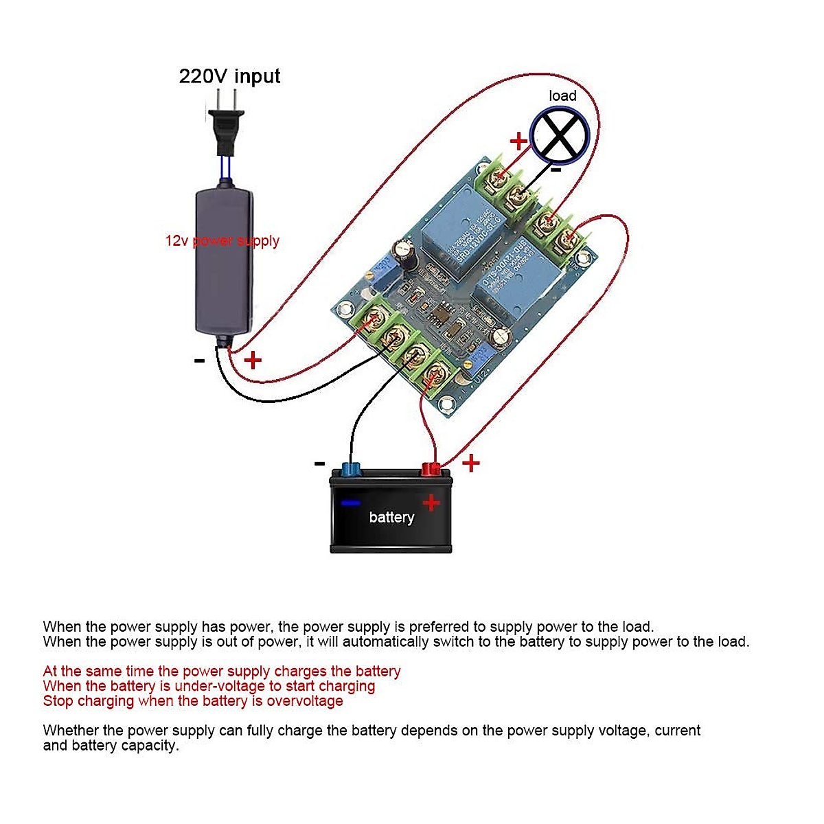 DC 12V 10A Automatic Power Switching Module, Backup Battery Switching Module, Emergency Power Supply Charging Controller