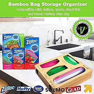 Ziplock Bag Organizer,Bamboo Plastic Bags Container Boxs Dispenser With Lid For Kitchen Drawer,Can Wall Mount And Stand Suitable For Food Sandwich Gallon Baggie Quart Snack Variety Size Bag(Brown)
