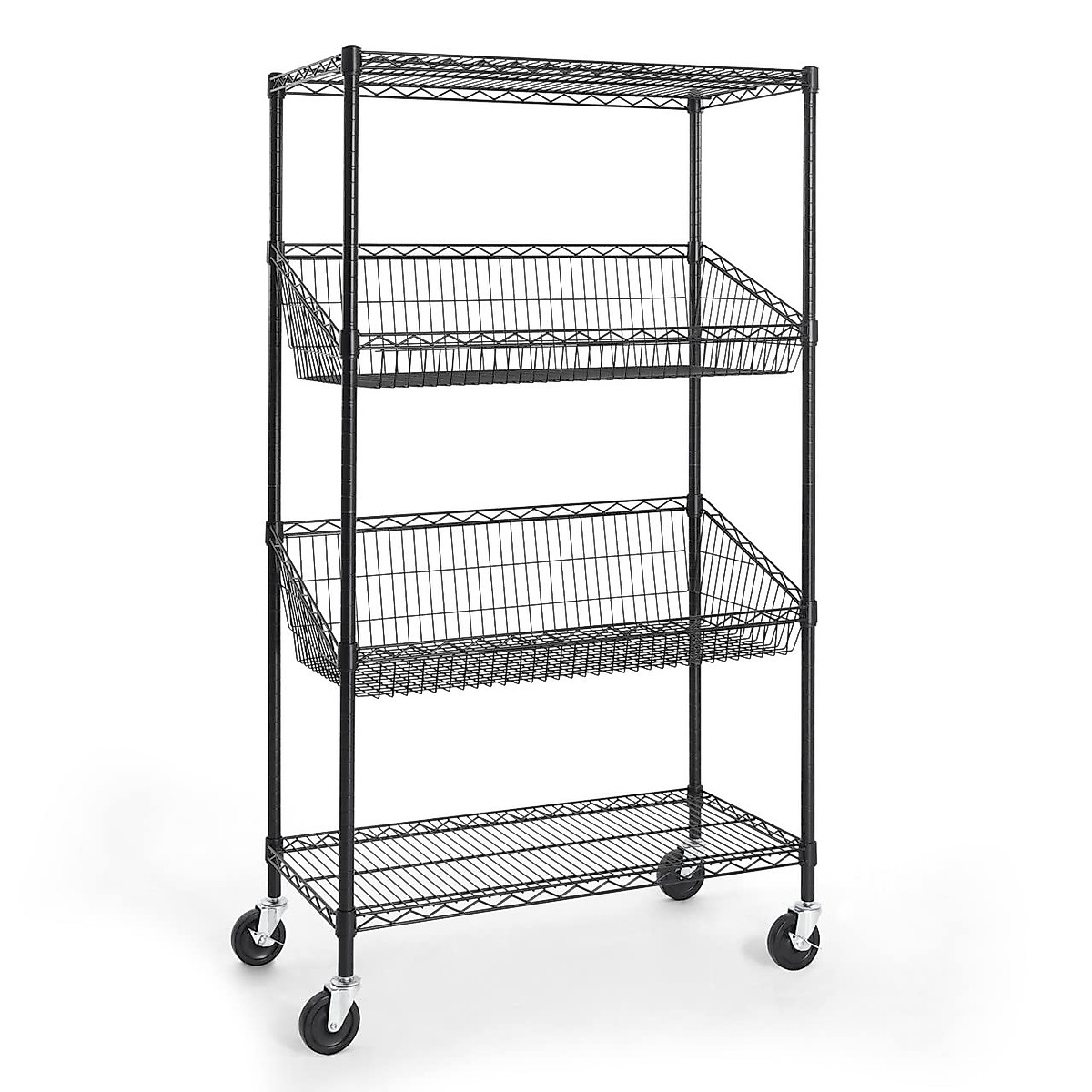 CAPHAUS NSF Commercial Heavy Duty 4 Tier Wire Shelving w/Two Trapezoid Baskets, Wheels, Leveling Feet, Storage Metal Shelf, Basement Garage Shelving Storage, Utility Wire Rack Storage Shelving Black