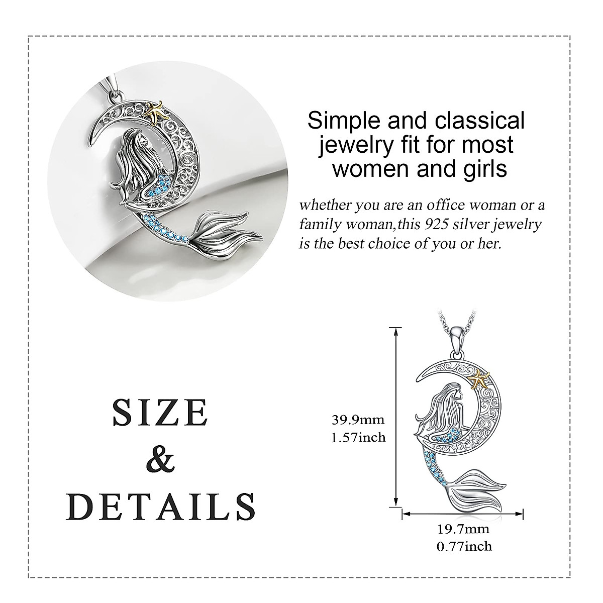YAFEINI Mermaid Necklace for Women Little Mermaid Gifts Mermaid Jewelry for Women Sterling Silver Necklace with Mermaid Pendant