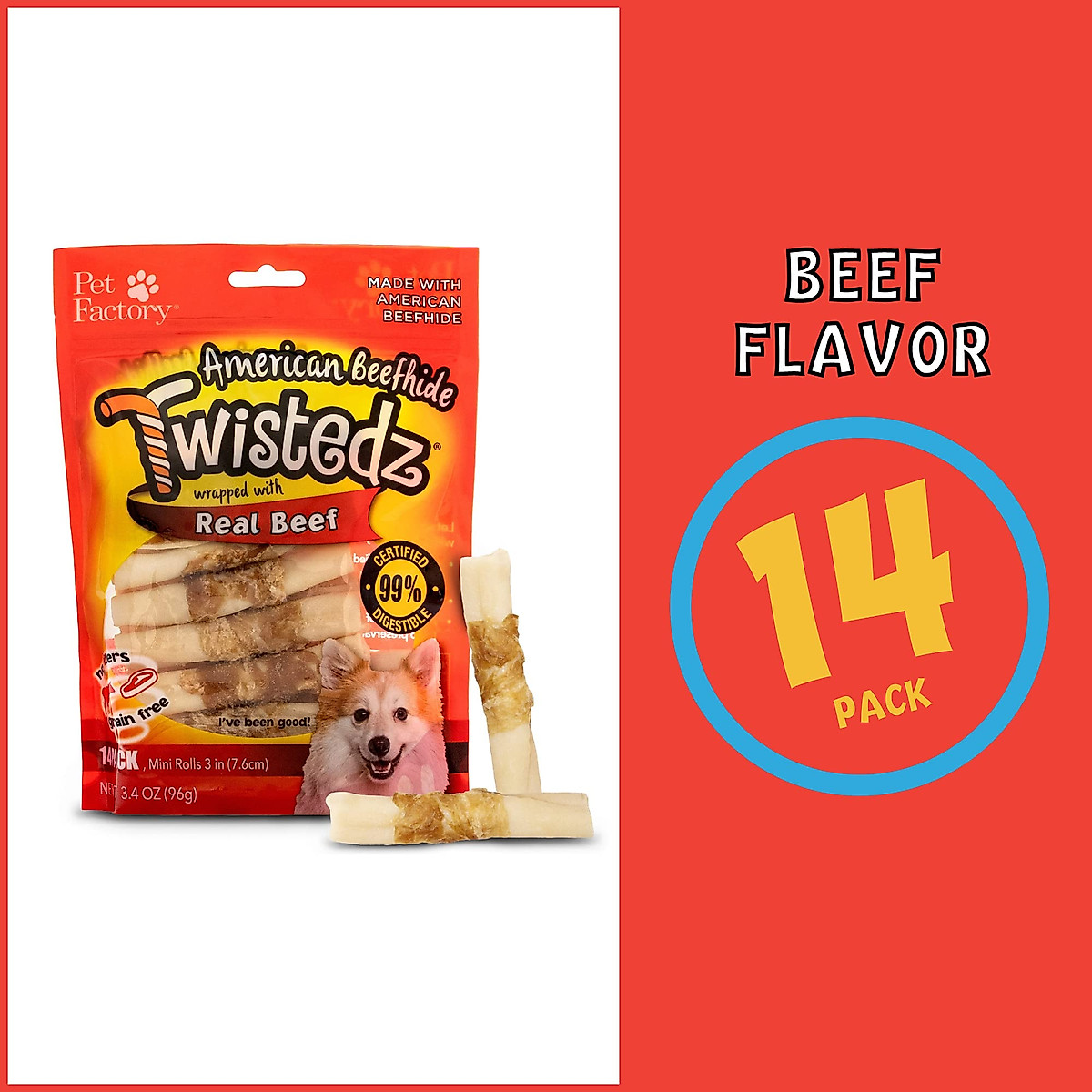 Pet Factory Twistedz American Beefhide 3-3.5" Mini Rolls Dog Chew Treats w/ Real Beef Meat Wrap - 14 Count/1 Pack