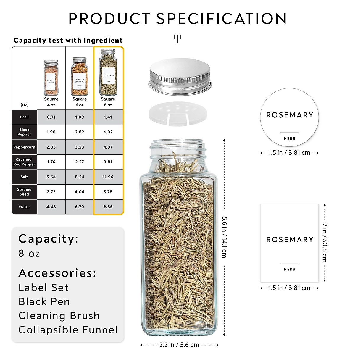 Laramaid 8oz 24Pack Glass Jars with Minimalist White Premium Spice Labels, Shaker Lids Dispenser with Airtight Silver Metal Caps, Black Pen, Cleaning Brush & Collapsible Silicone Funnel