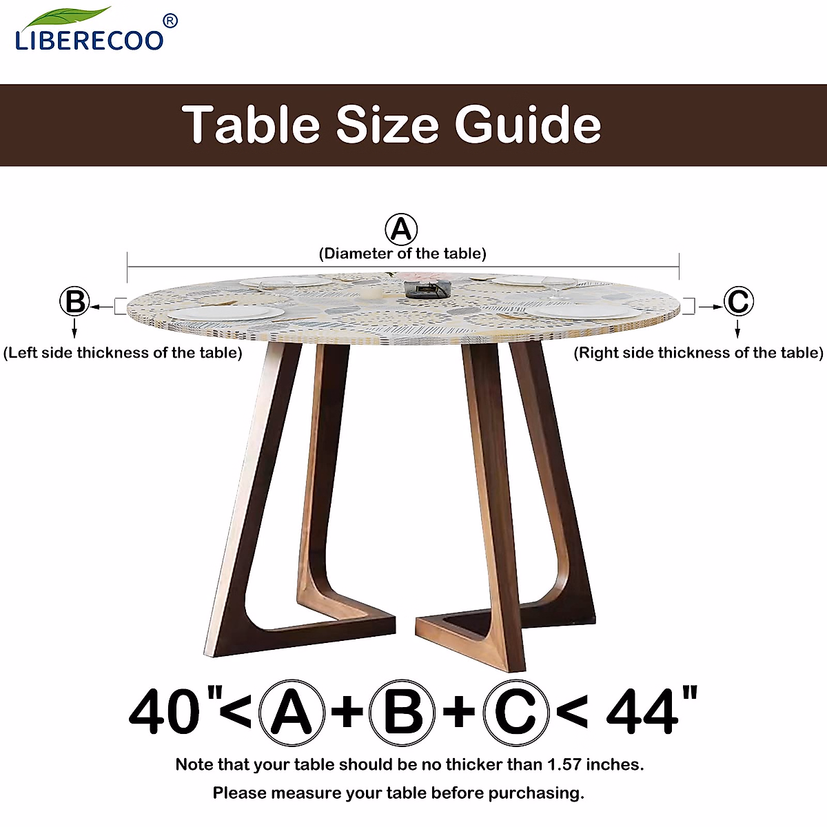 LIBERECOO Round Vinyl Fitted Tablecloth with Flannel Backing Elastic Edge Plastic Table Cover Waterproof Table Cloth Stain-Resistant Wipeable for 40"-44" Round Table