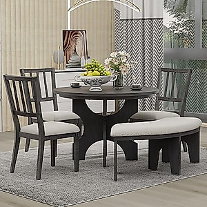 UBGO 5-Piece, Kitchen Room Sets with 44" Round Table and 3 Upholstered Dining Chairs & a Curved Bench,for 4-5 People (Grey)