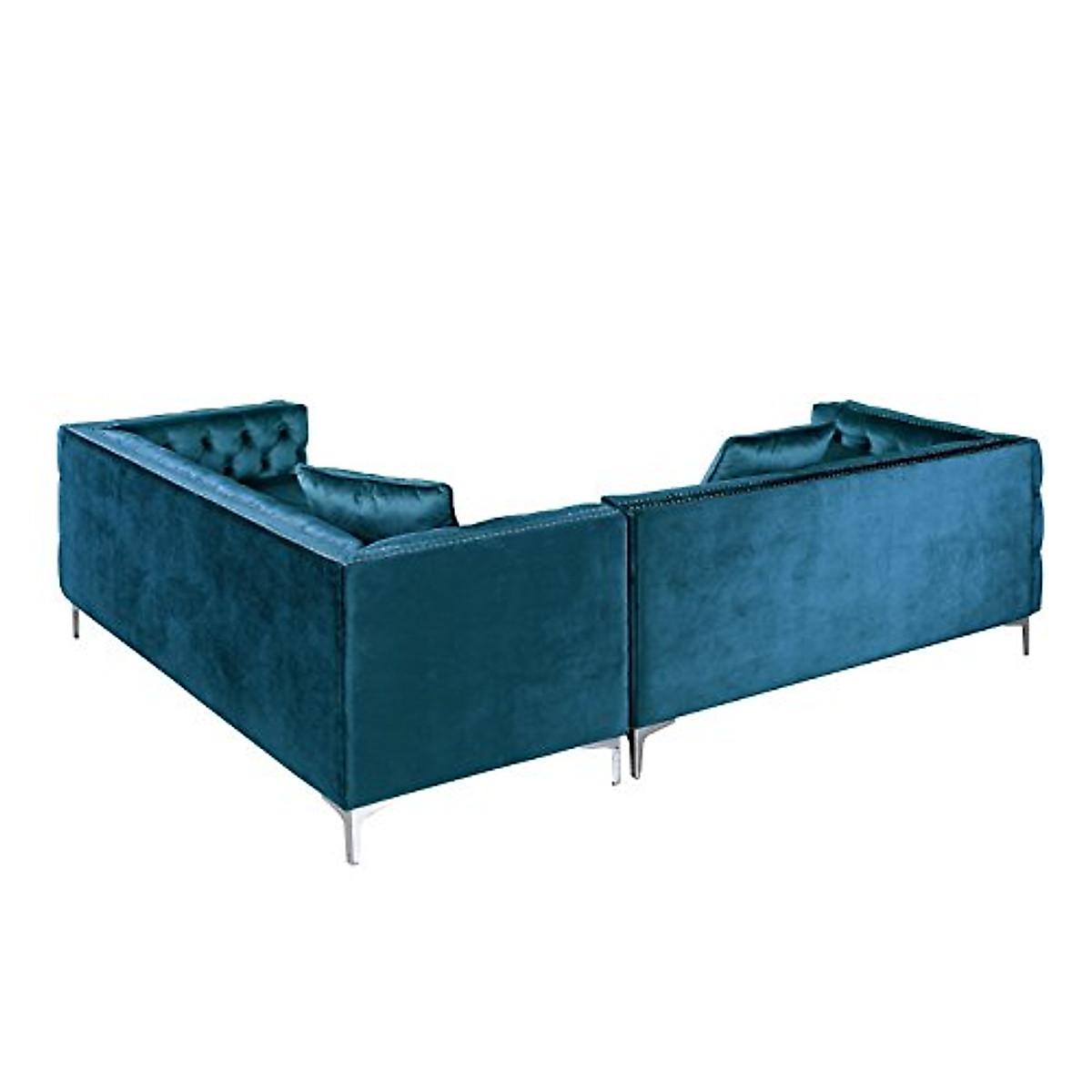 Iconic Home Mozart Elegant Velvet Modern Deeply Tufted with Silver Nailhead Trim Chrome Legs Right Facing Sectional Sofa, Teal