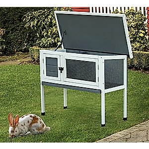 EMKK Wooden Rabbit Hutches Pet House Small Bunny Wood Hutch Dog Chicken Coops Cages Cage with No Leak Tray Lockable Door Openable Top for Indoor Outdoor,Grey, 46''L X 17.7''D X 27.6''H