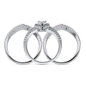BERRICLE Sterling Silver Halo Wedding Engagement Rings Pear Cut Cubic Zirconia CZ Split Shank Ring Set for Women, Rhodium Plated Size 7