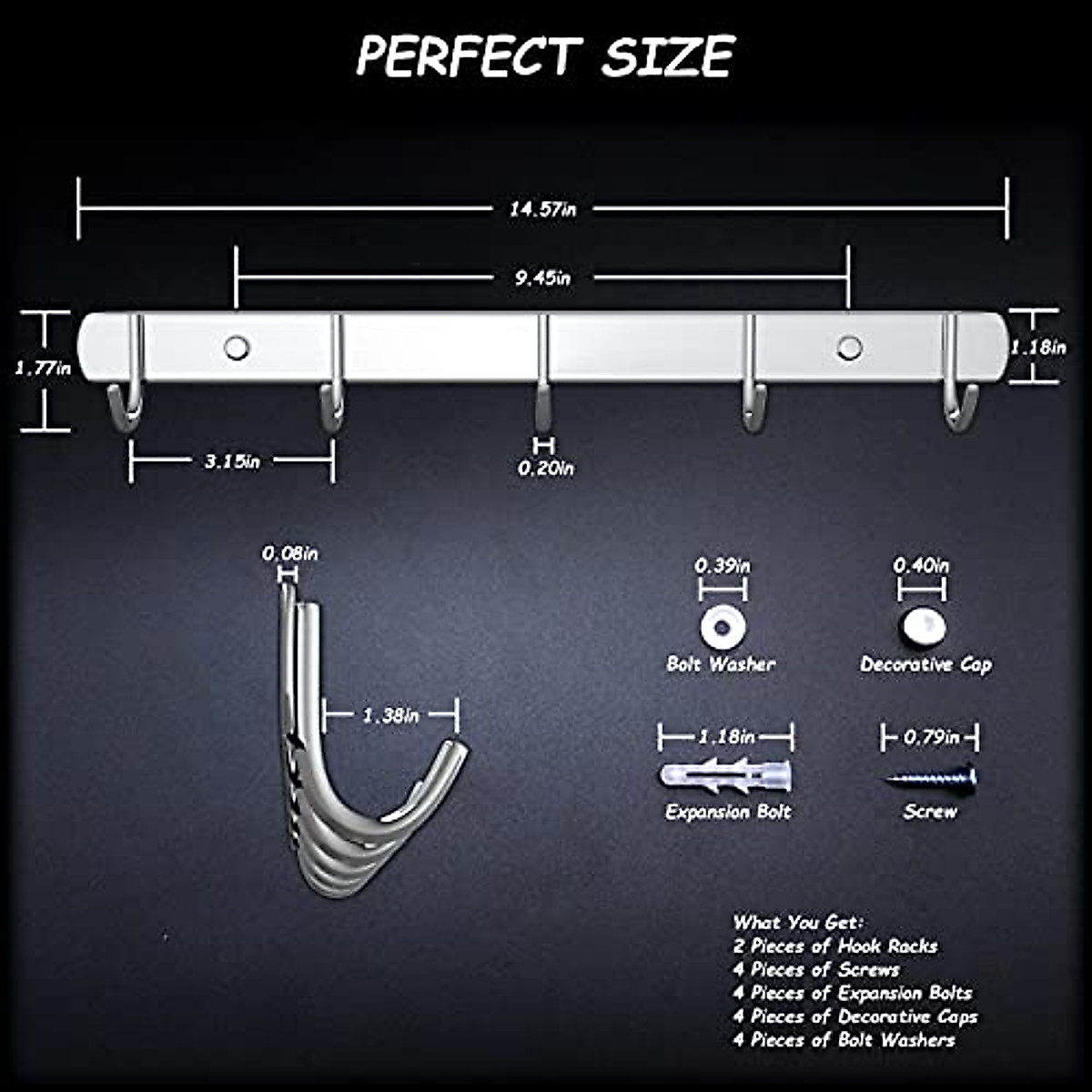 Kasilyic 2 Pcs Coat Hook Rack, 14-Inch Towel＆Key Hook Rail with 5 Hooks, Durable Wall Mounted Hangers for Bedroom, Bathroom, Foyer, Hallway