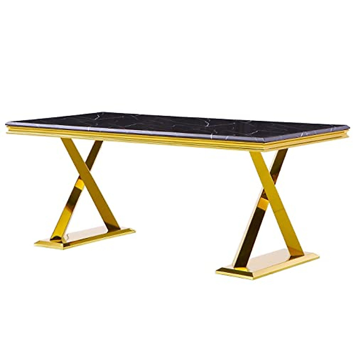 Anewsun Dining Room Table, Luxury 72 Inch Rectangular Black Texture Top with Gold X-Base Modern Dining Table for 6