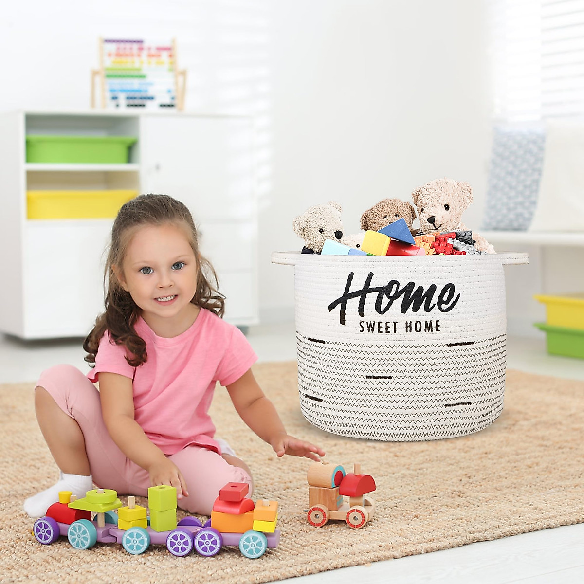 Rope Basket Woven Storage Basket, White Basket Storage Laundry Clothes Hamper, Woven Storage Basket for Plant, Blankets,Toys, Baby Nursery Containers White Home Decor Gift - 15.7" L×11.8" H