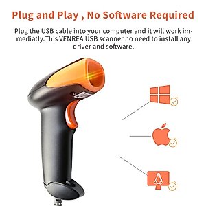 VENREA QR 1D Barcode Scanner, USB Wired Handheld High Speed QR Code Reader Compatible for Windows/Mac Square POS System Mobile Payment 1D Code on PC and Phone Screen
