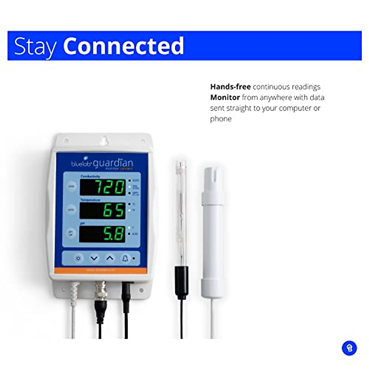 Bluelab MONGUACON Guardian Monitor Connect for pH, Temperature, and TDS in Water with Data Logging (Connect Stick not Included), Nutrient Meter for Hydroponic System and Indoor Plant Grow White