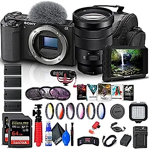 Sony ZV-E10 Mirrorless Camera (Body Only, Black) (ILCZV-E10/B) + Sony 18-105mm Lens + 4K Monitor + Pro Mic + 2 x 64GB Card + Color Filter Kit + Filter Kit + Corel Photo Software + Bag + More (Renewed)