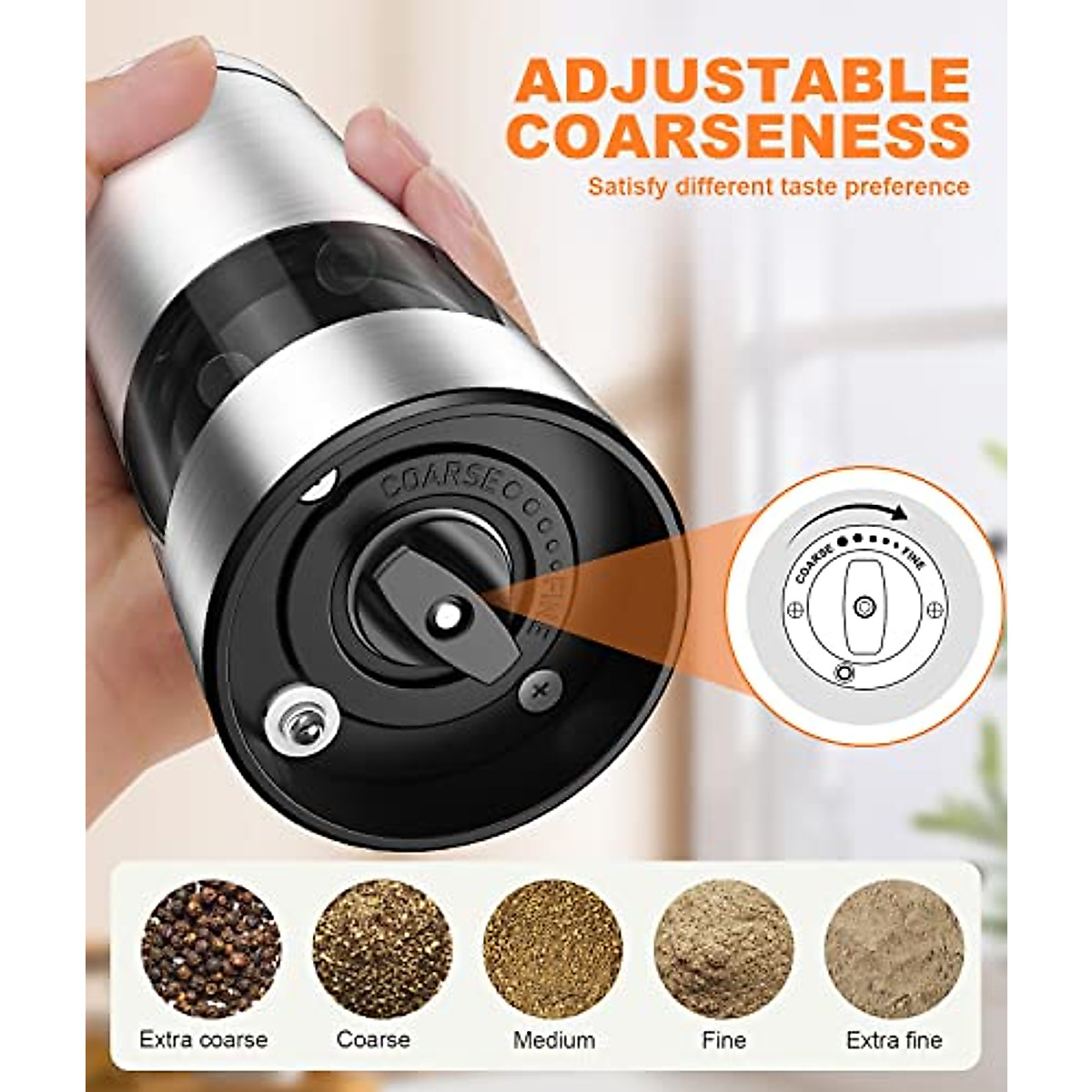 OUWMAN Electric Salt and Pepper Grinder Set, [2 Pack] Automatic Salt and Pepper Grinder Set Battery Powered with LED Light, Adjustable Coarseness Pepper Mill, One Hand Operation, Stainless Steel