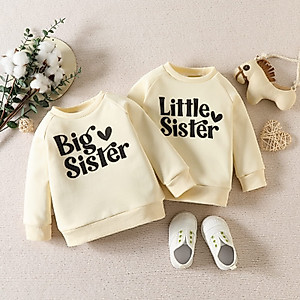 vchoohce Baby Girl Sister Matching Outfit Long Sleeve Letter Print Crewneck Sweatshirt Pullover Sweater Fall Winter Clothes (Big Sister-Yellow,3-4T)
