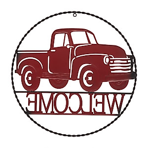 Glitzhome 23.75" L Welcome Metal Rustic Red Truck Wall Decor, Welcome Hanging Sign Decoration for Home Outdoor Indoor