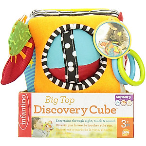 Infantino Peek & Seek Discovery Cube - Soft Development Toy, Peek-A-Boo Mirror, Clacker Rings, Crinkle & Rattle Sounds - Sensory Play, Ages 3 Months +